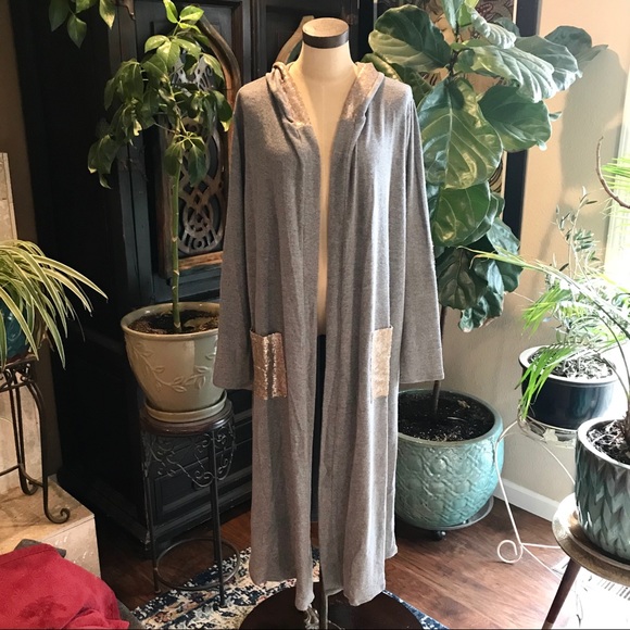 L Love | Sweaters | Ava Hooded Sequin Gray Duster Cardigan Sweater ...